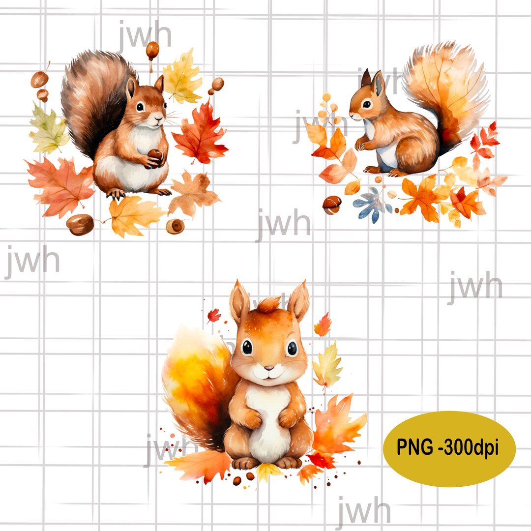 Squirrel Autumn Leaves Foliage Watercolor PNG for Sublimation, Instant ...