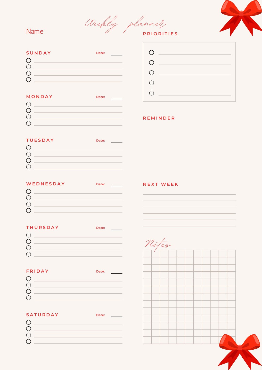 Weekly Planner Red Bow Printable PDF - Etsy