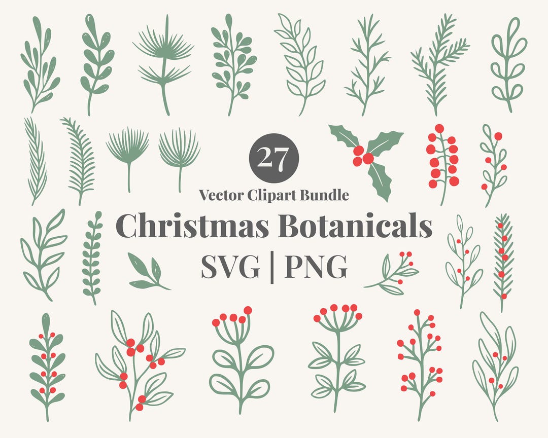 Christmas Botanical SVG PNG Bundle | Hand Drawn Winter Greenery Clipart ...