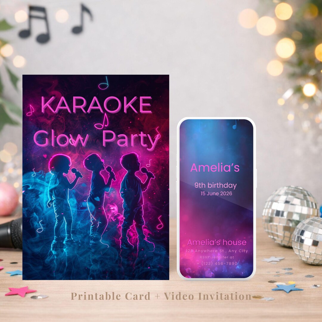 Glow Karaoke Sleepover Invitation | Printable Card + Video Invite ...