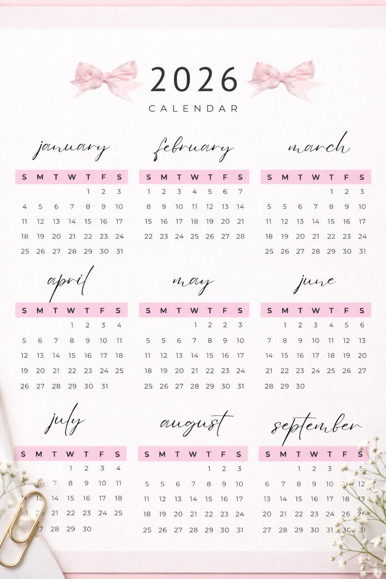 2026 Year At-a-glance Calendar, Pink Minimalist Printable (A3, A4, US ...