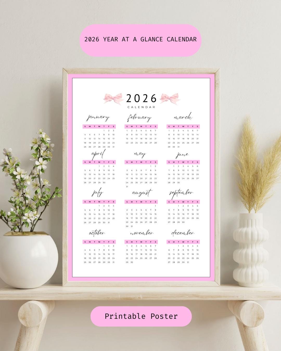 2026 Year At-a-glance Calendar, Pink Minimalist Printable (A3, A4, US ...