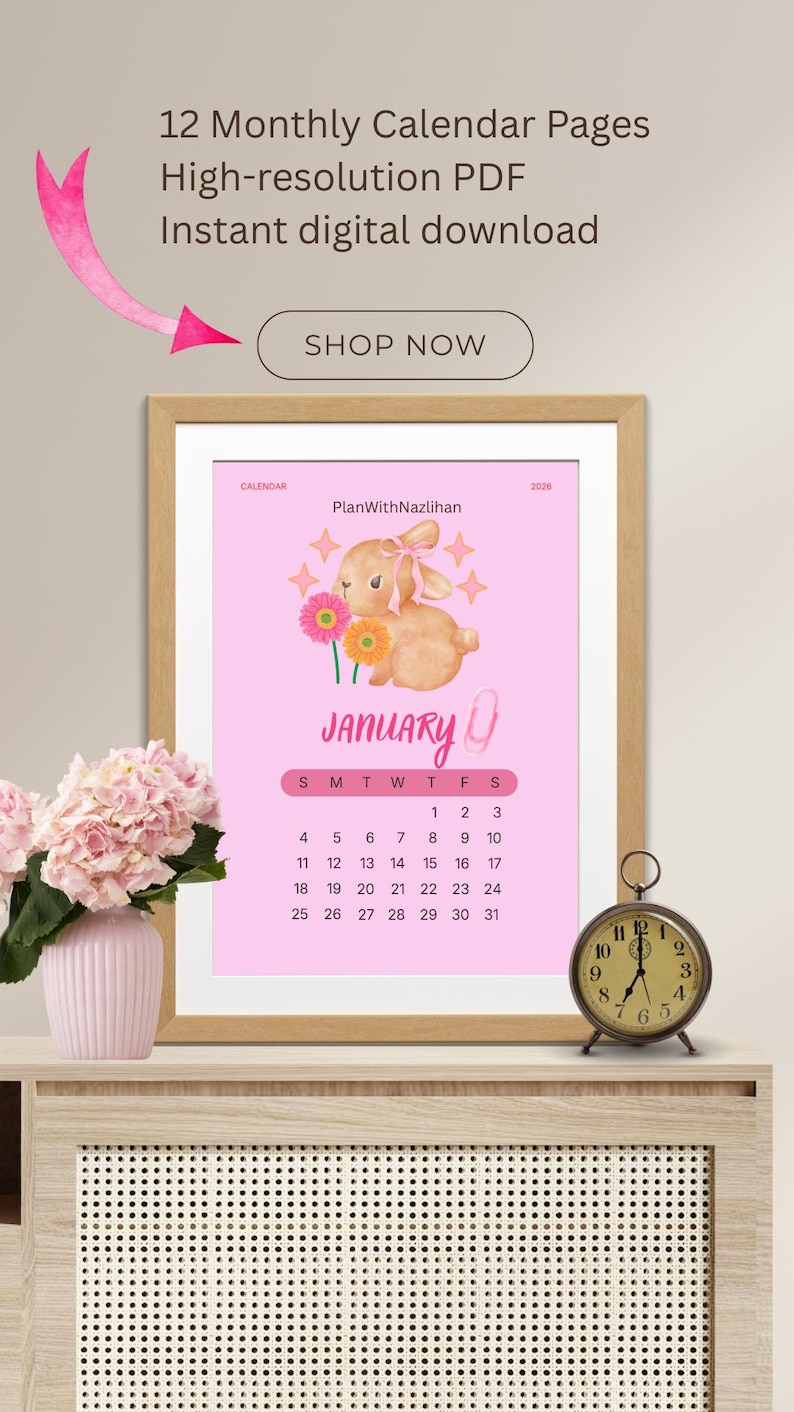 2026 Monthly Calendar Printable | Pink Illustrated Design (digital ...