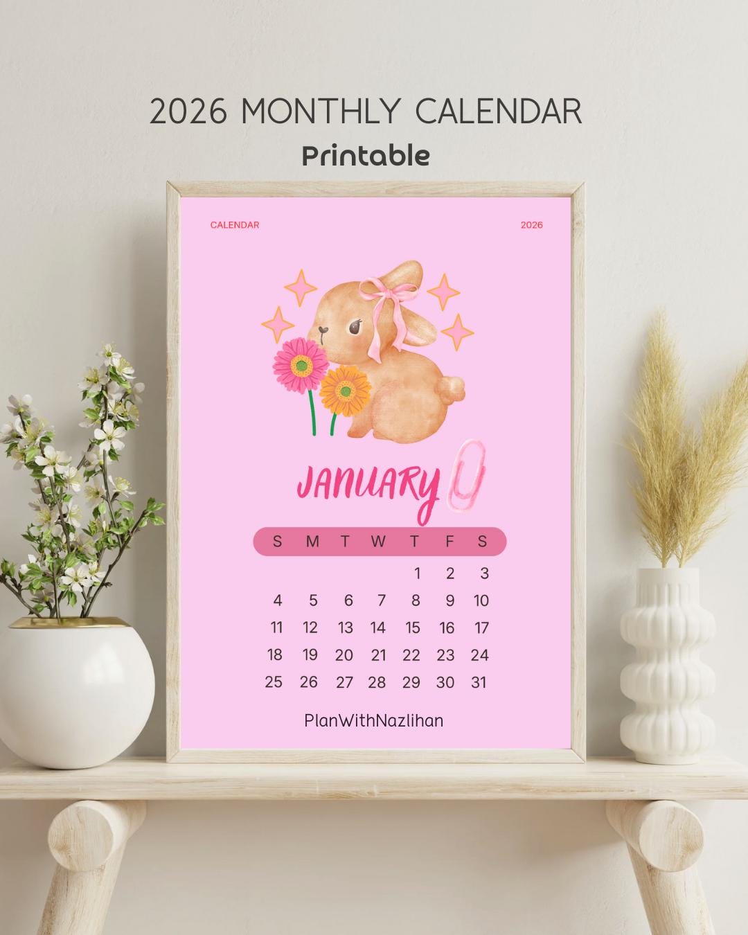 2026 Monthly Calendar Printable | Pink Illustrated Design (digital ...