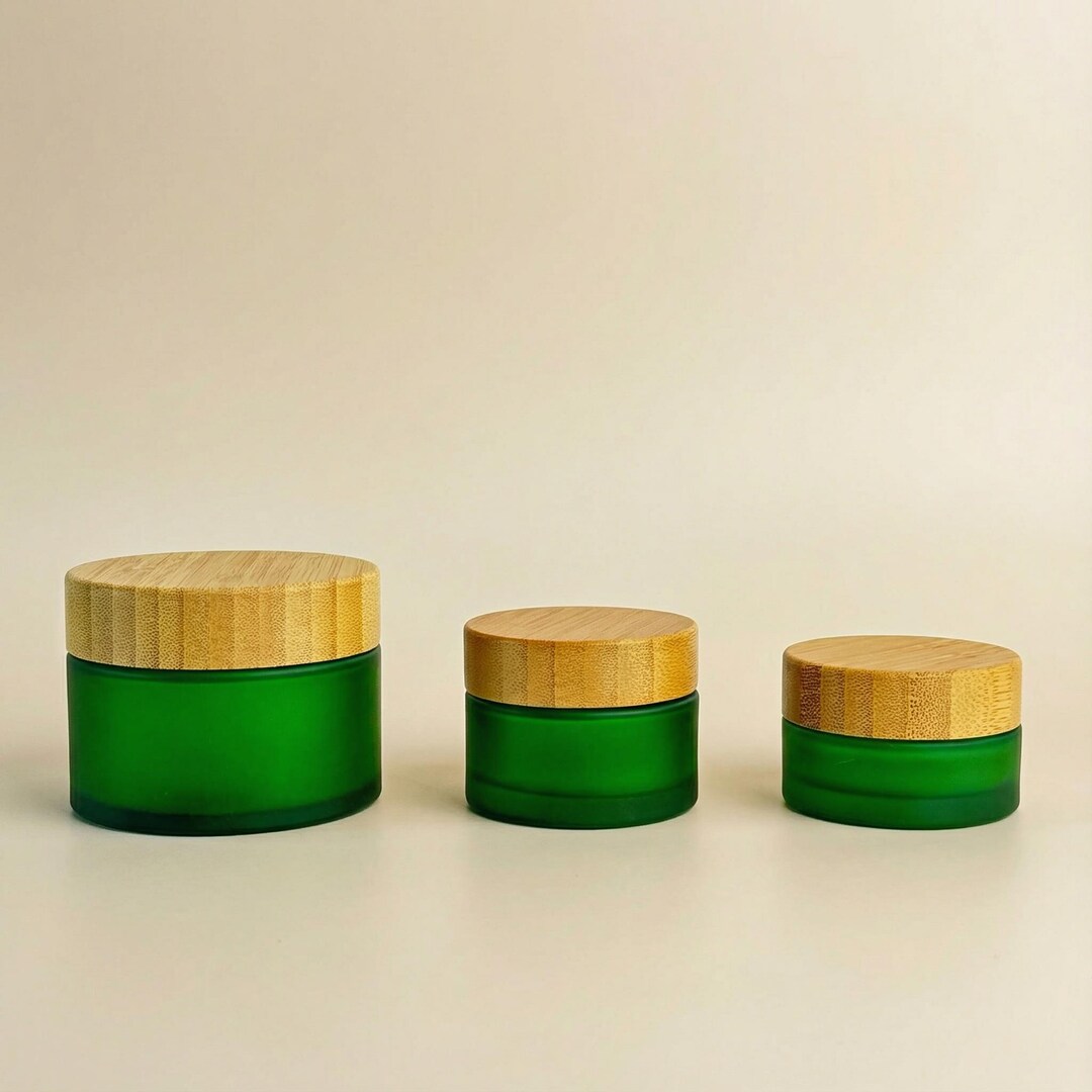 30g 50g 150g Green Glass Cream Jar With Bamboo Lid, Empty Body Butter ...