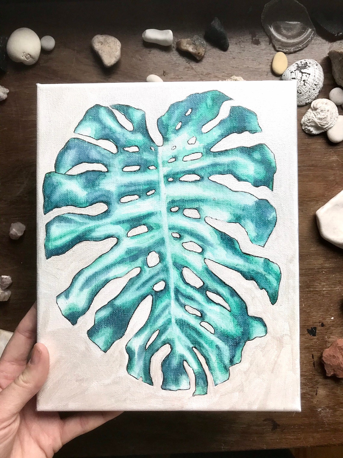Iridescent Monstera Painting - Bright Blue Shimmer Botanical Leaf ...