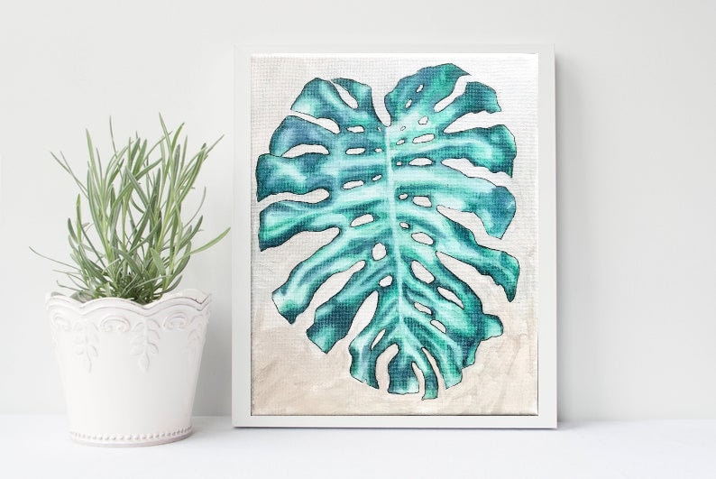 Iridescent Monstera Painting - Bright Blue Shimmer Botanical Leaf ...