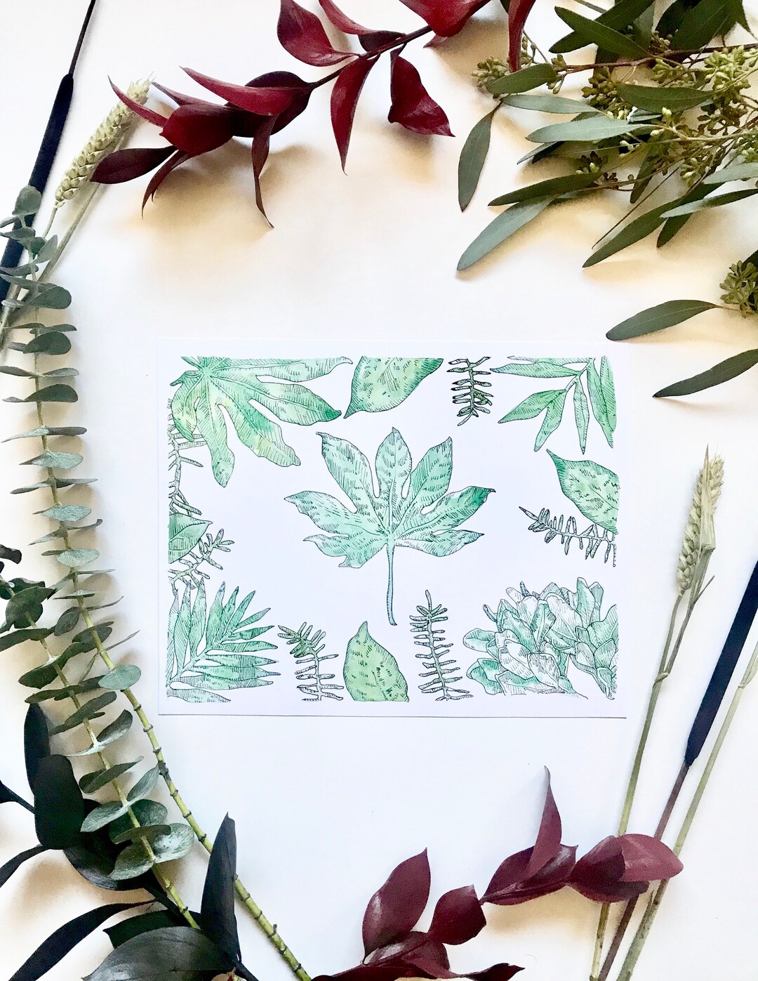 Botanical Green Print - Foliage Flat Lay Watercolor Painting ...