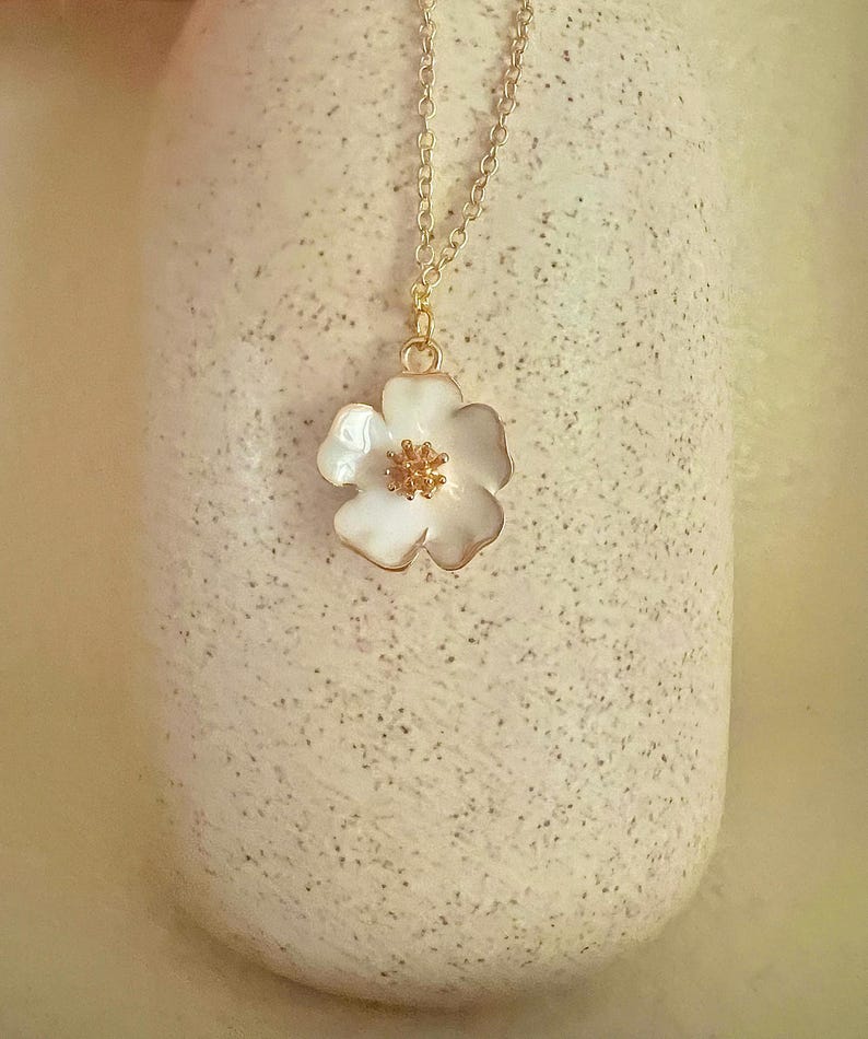 Gold Plated Sakura Enamel Flower Necklace, Cherry Blossom Flower ...
