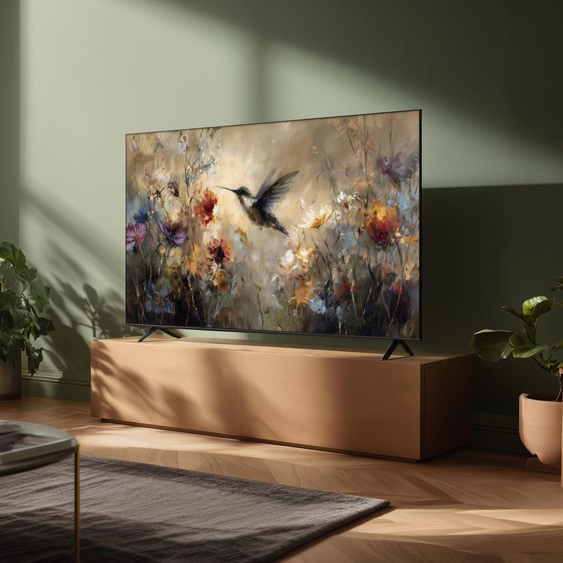 Hummingbird TV Art Cottagecore Botanical Frame TV Art Wildflowers ...