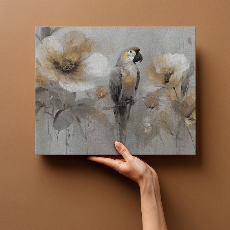 Neutral Floral Parrot Wall Art, Soft Botanical Bird Print, Elegant Boho ...