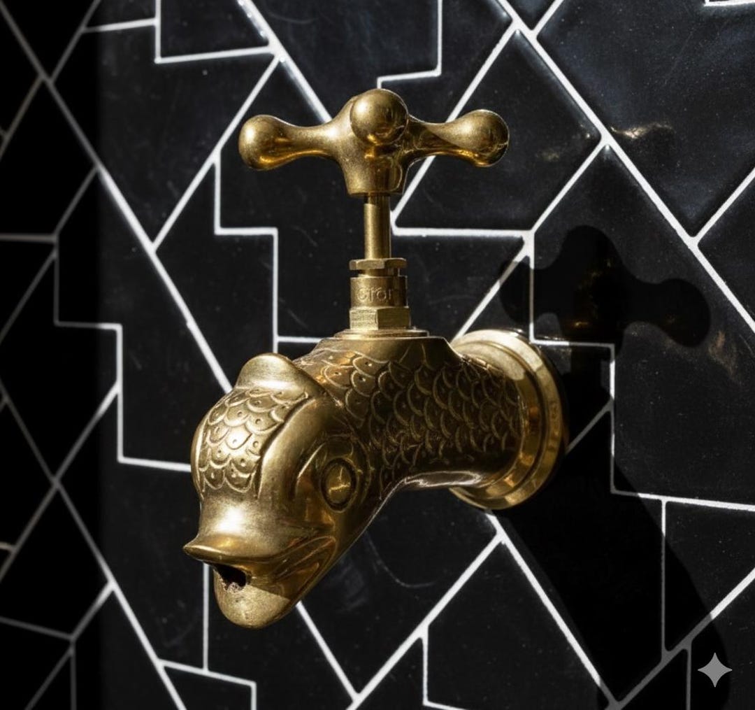 Unlacquered Brass Fish Faucet - Engraved Moroccan Wall Mount Cold Water ...