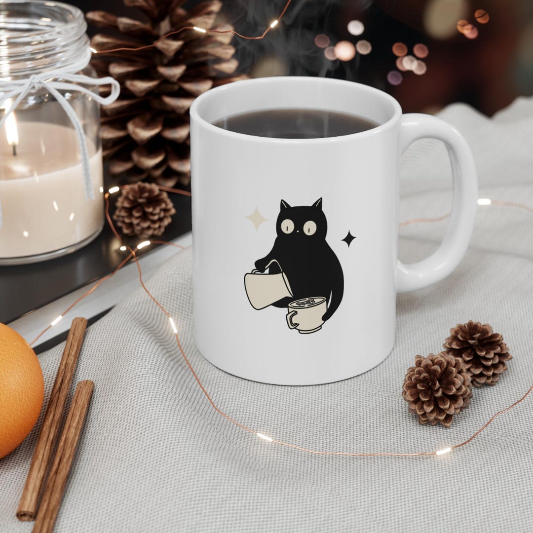 Black Cat Pouring Coffee Mug - Cute Kawaii Cat Illustration - Funny Cat ...