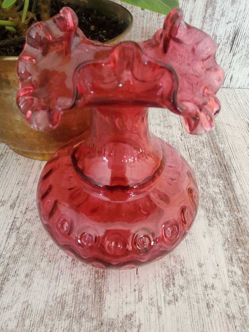 Vintage Fenton Cranberry Double Ruffled Edge Vase with Optic | Etsy