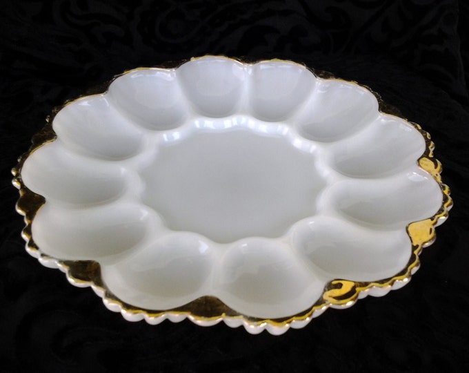 Vintage Milk Glass Deviled Egg Plate With Gold Trim by Fire King Anchor ...
