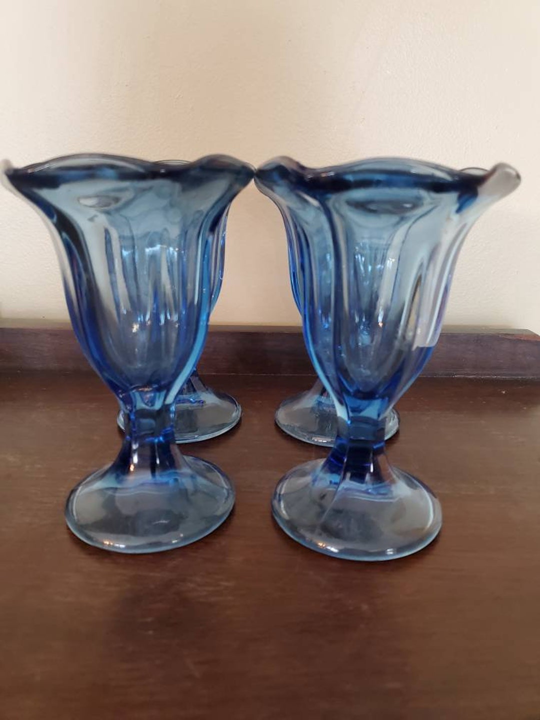 Vintage Blue Fluted Dessert Cups. Set of 4. Ice Cream Cups. Fluted ...