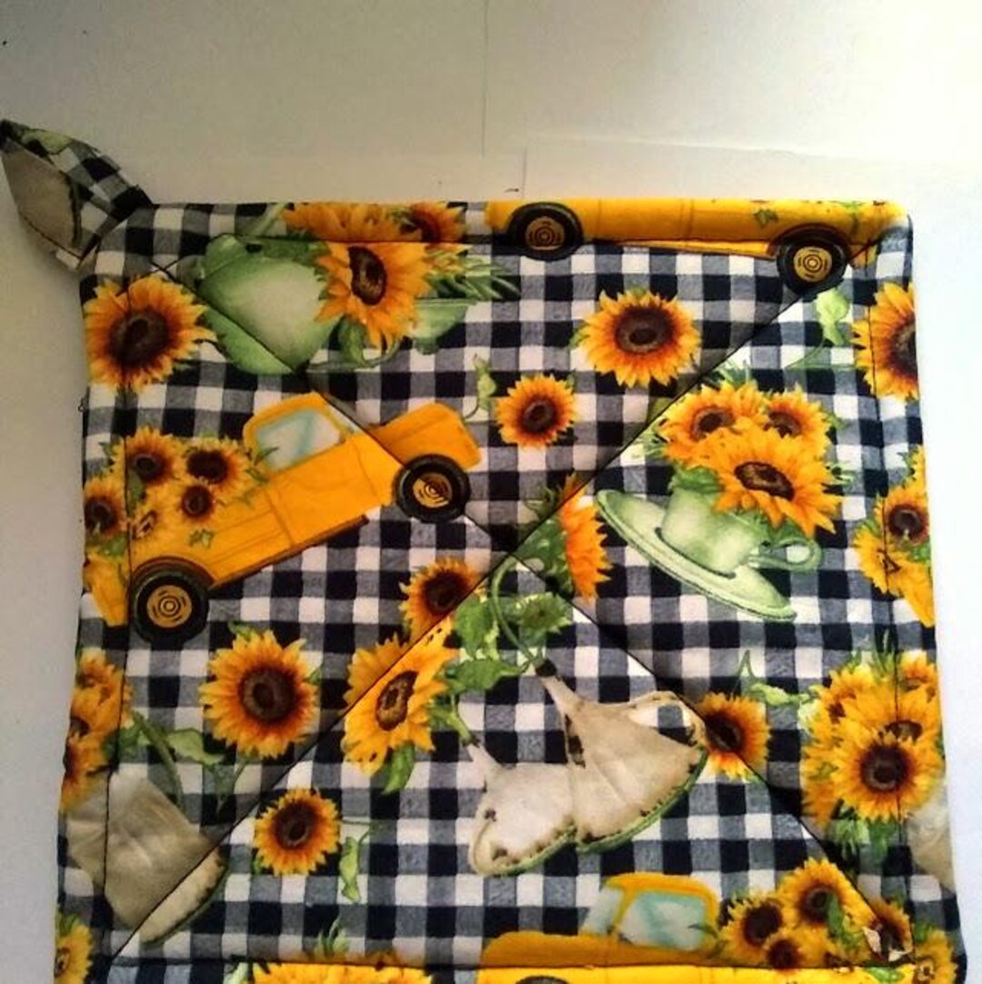 Black Plaid, Trucks, and Sunflowers Farmhouse Potholder With a Hanging ...