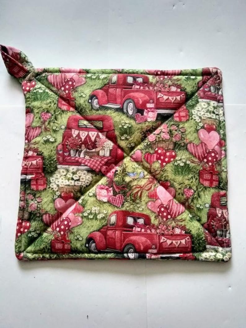 Red Trucks and Hearts Valentine Potholder or Hot Pad With Hanging Loop ...
