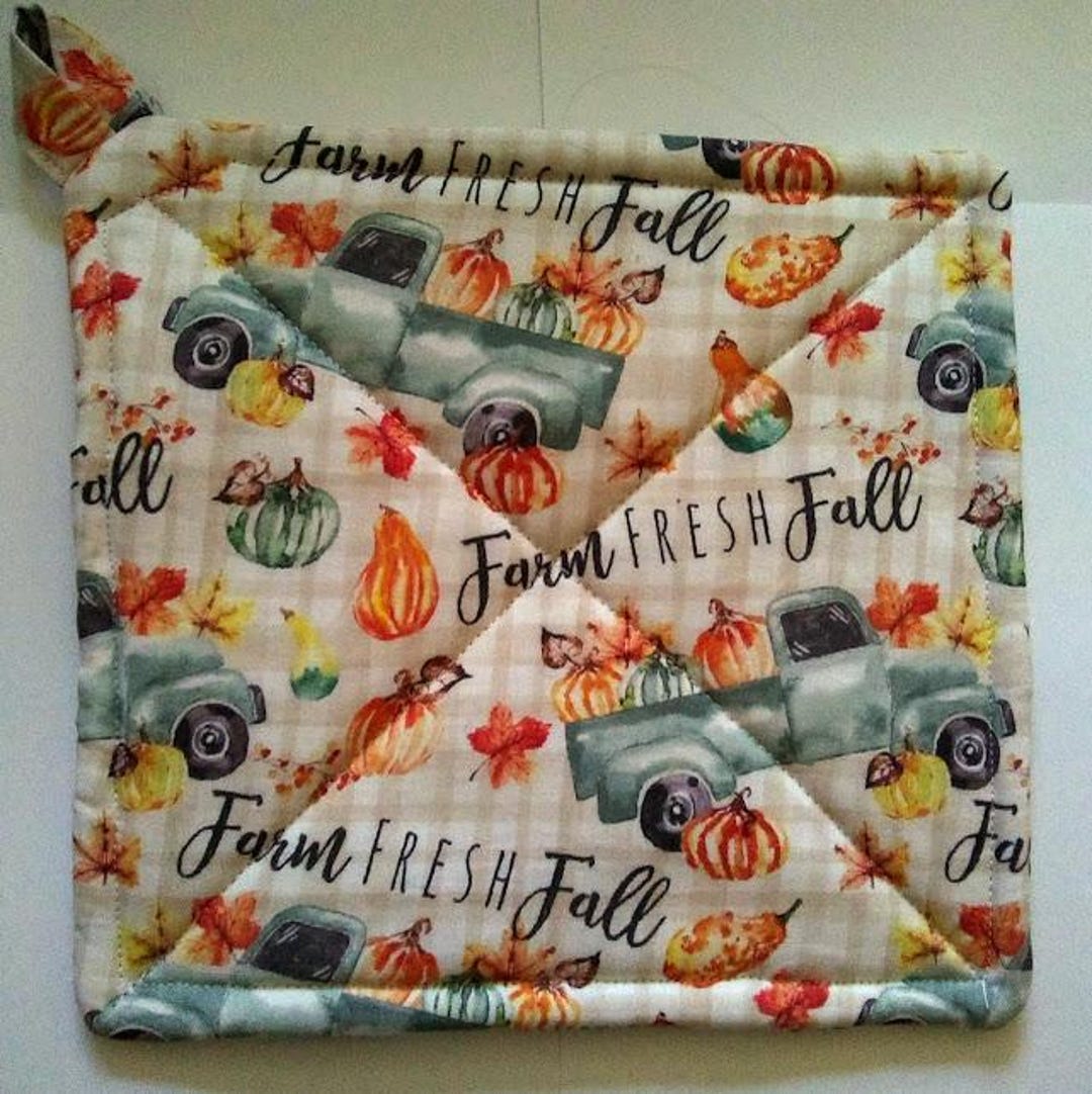 Fall Trucks and Pumpkins Potholder With Hanging Loop - Autumn Kitchen ...