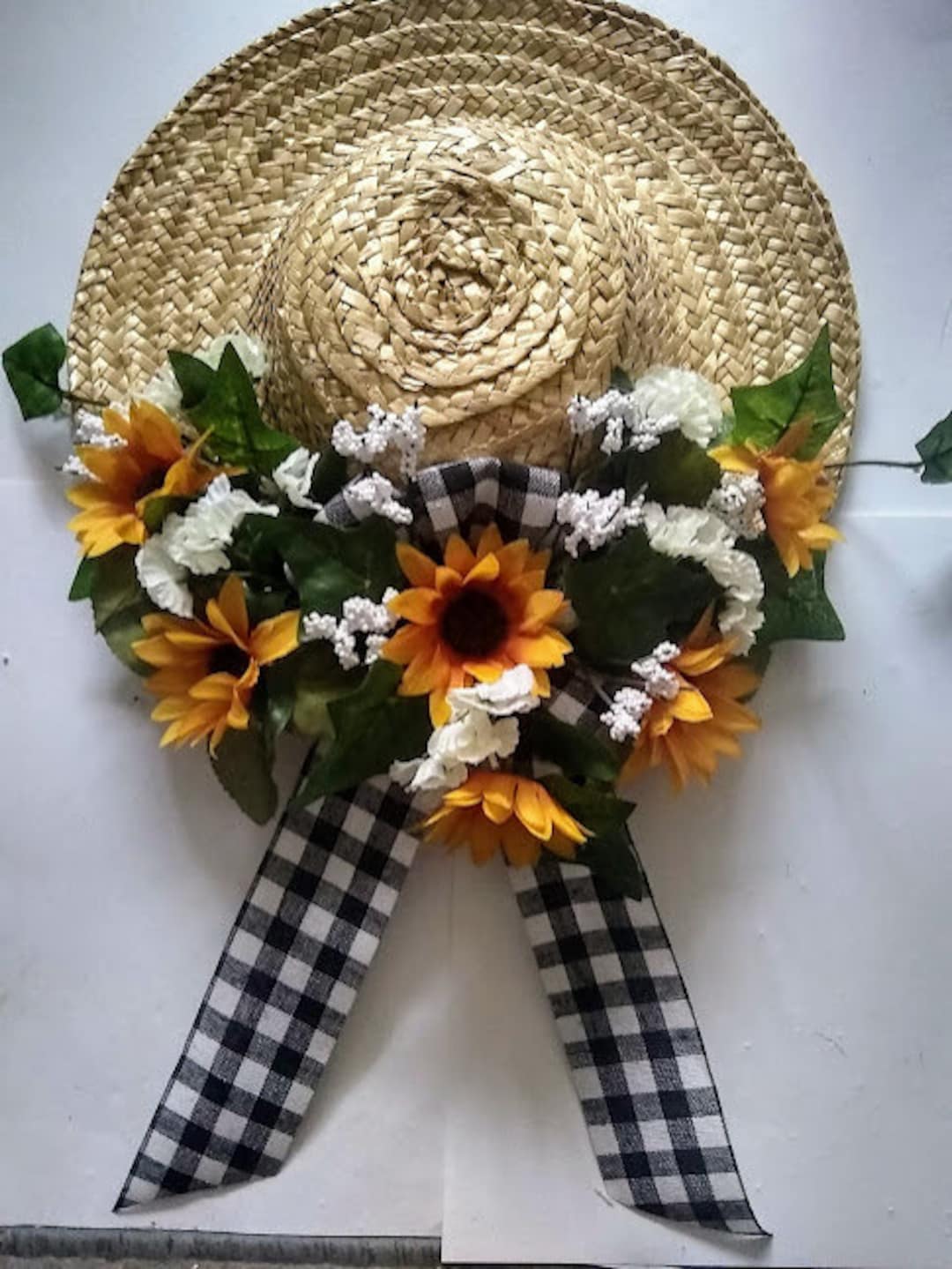 Farmhouse Sunflower Straw Hat Arrangement - Black and White Buffalo ...