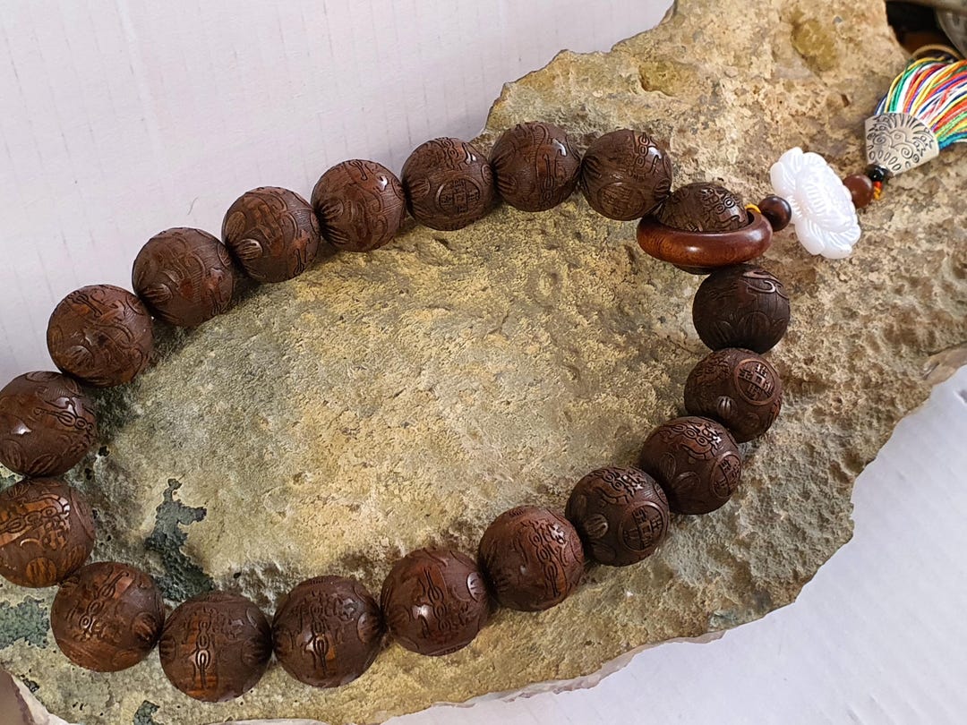 Agarwood Mala Carved Mantras White Jade Lotus, Enlightenment, Quality ...