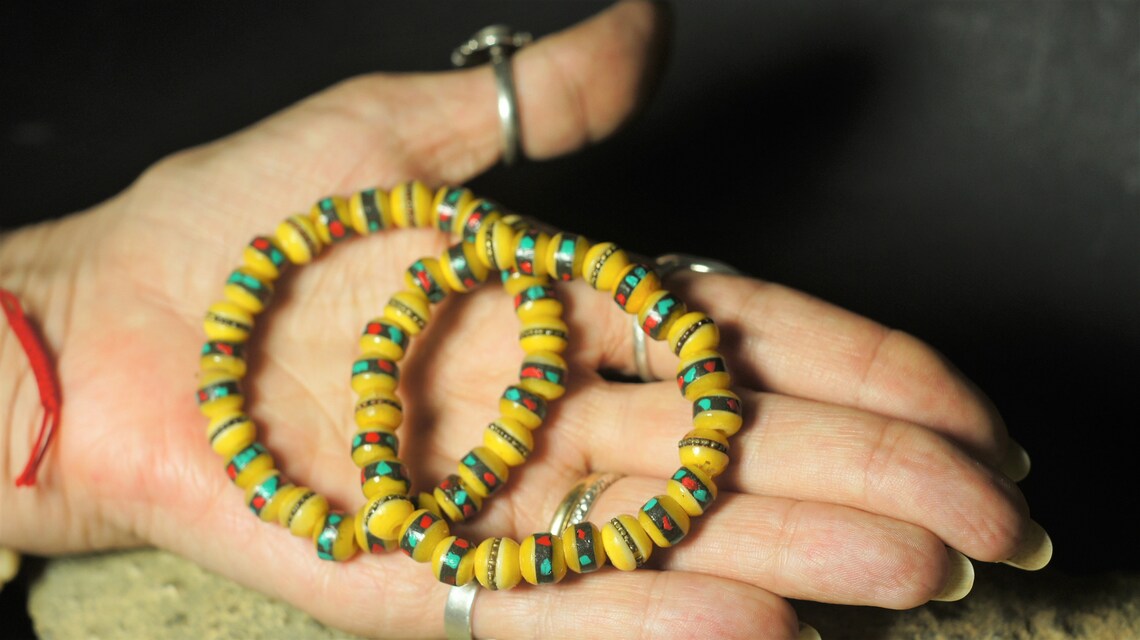 Wrist Mala Talisman Bracelet 27 Round Inlaid Beads Bone - Etsy