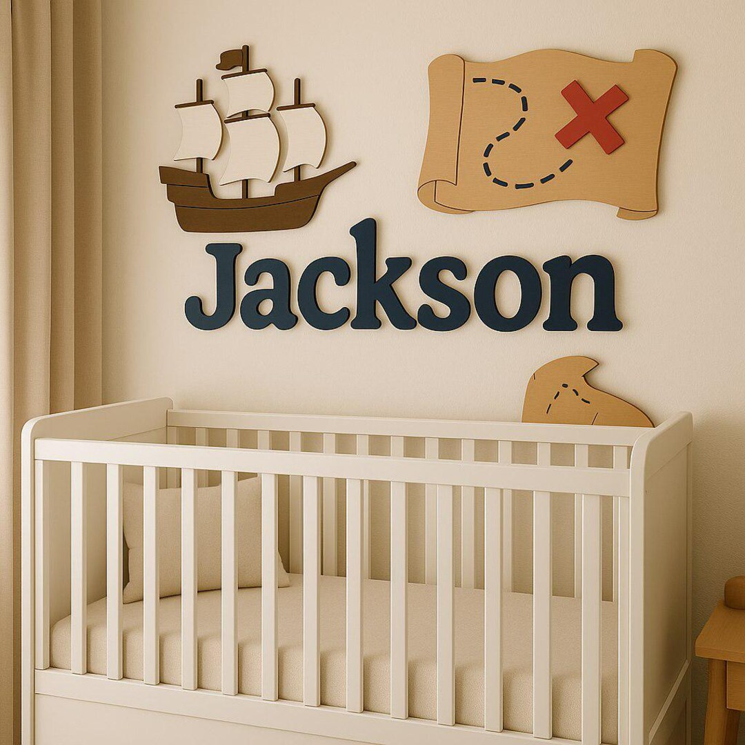 Pirate Ship Baby Name Sign, Personalized Nursery Wall Decor, 3D Wooden ...