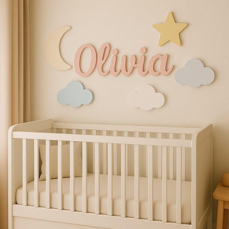 Moon and Stars Nursery Name Sign, Personalized Baby Name Sign, Wooden ...