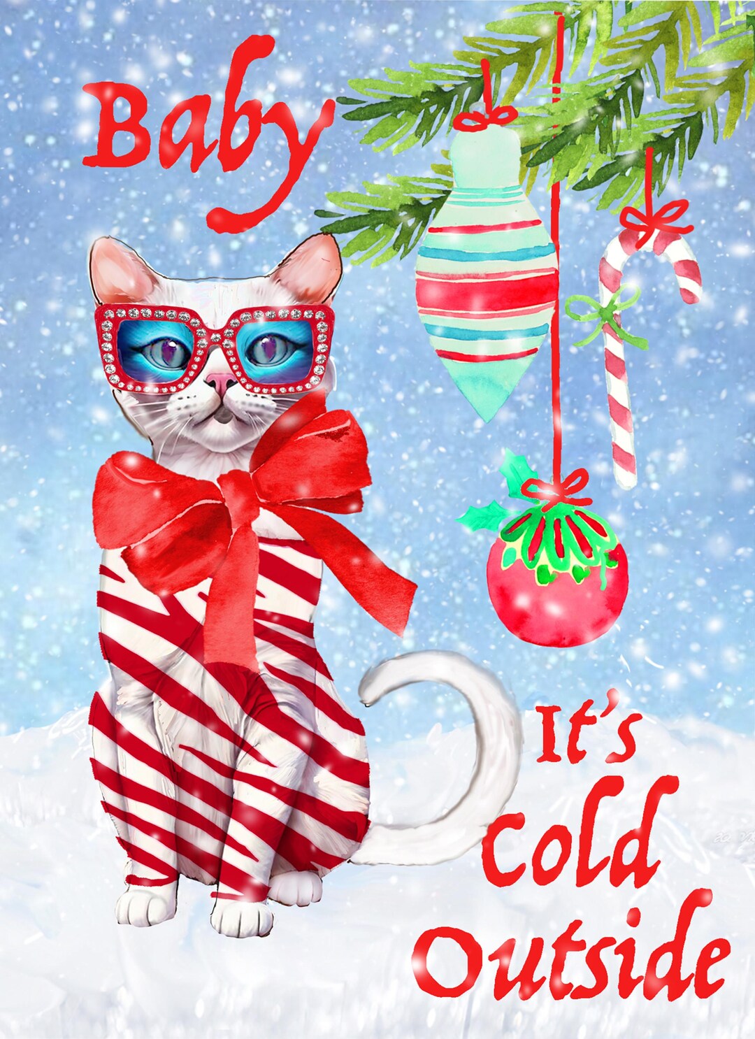 Christmas Candy Cane Cat Poster - Etsy