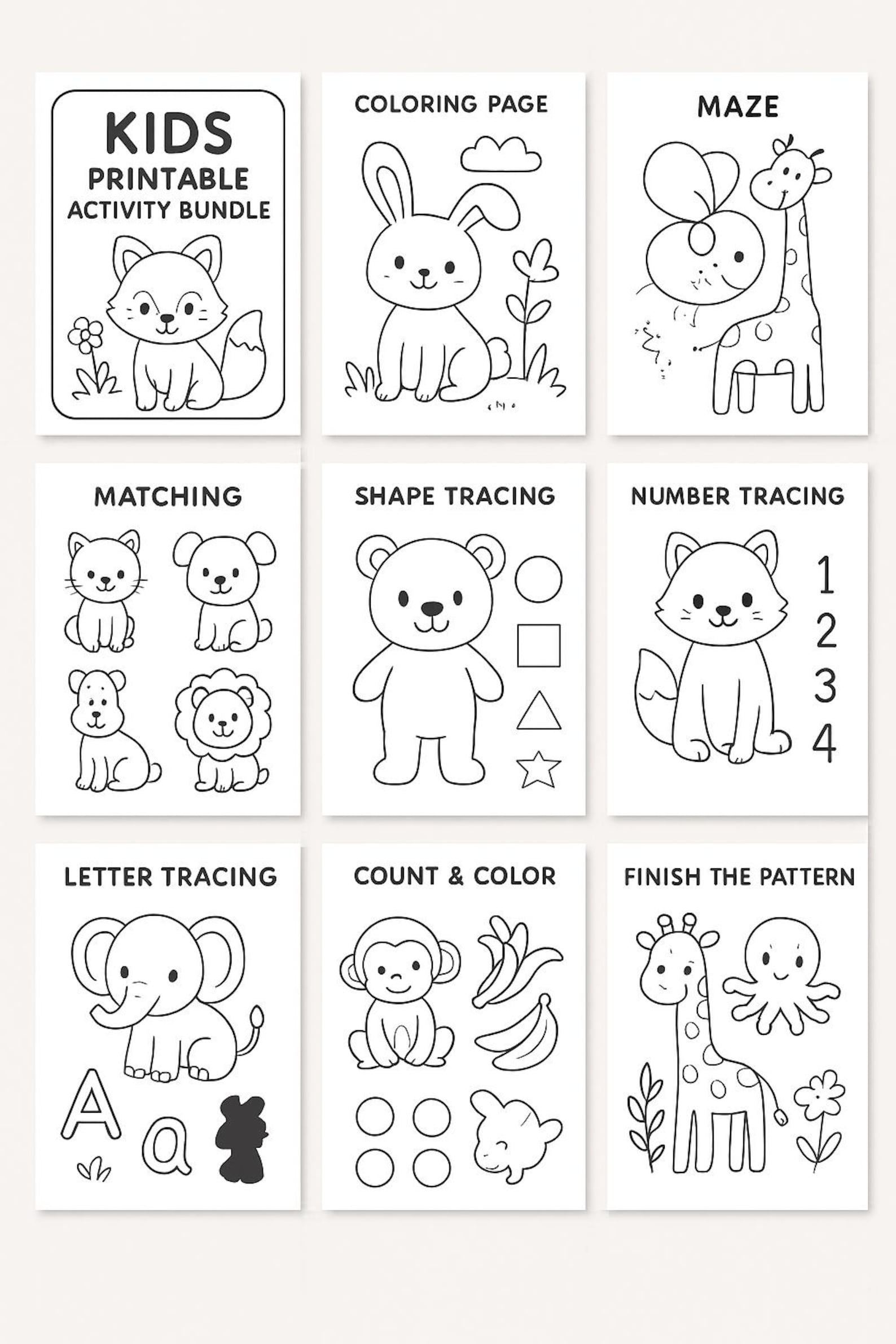 Kids Activity Sheets Bundle | Coloring, Mazes, Matching (instant ...
