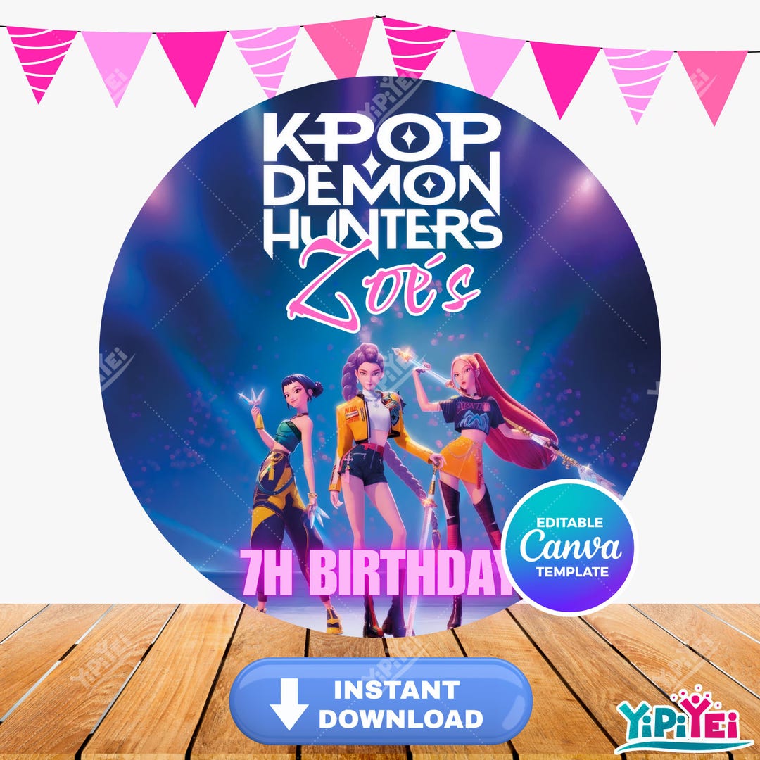 KPOP Demon Hunters Backdrop • Editable Canva Template • Round Party ...