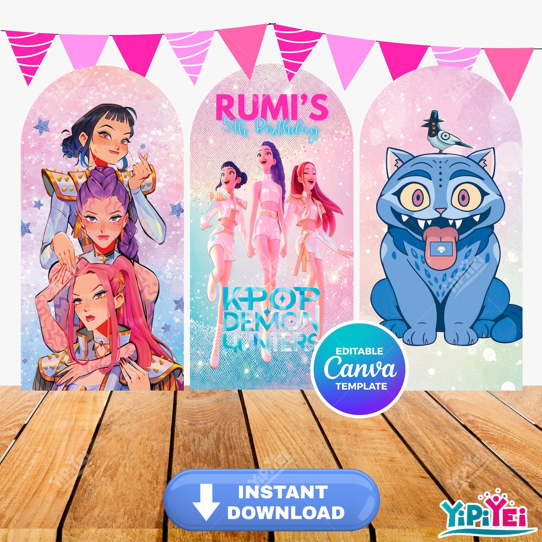 KPOP Demon Hunters Backdrop Set – 3 Editable Canva Templates – Girls ...