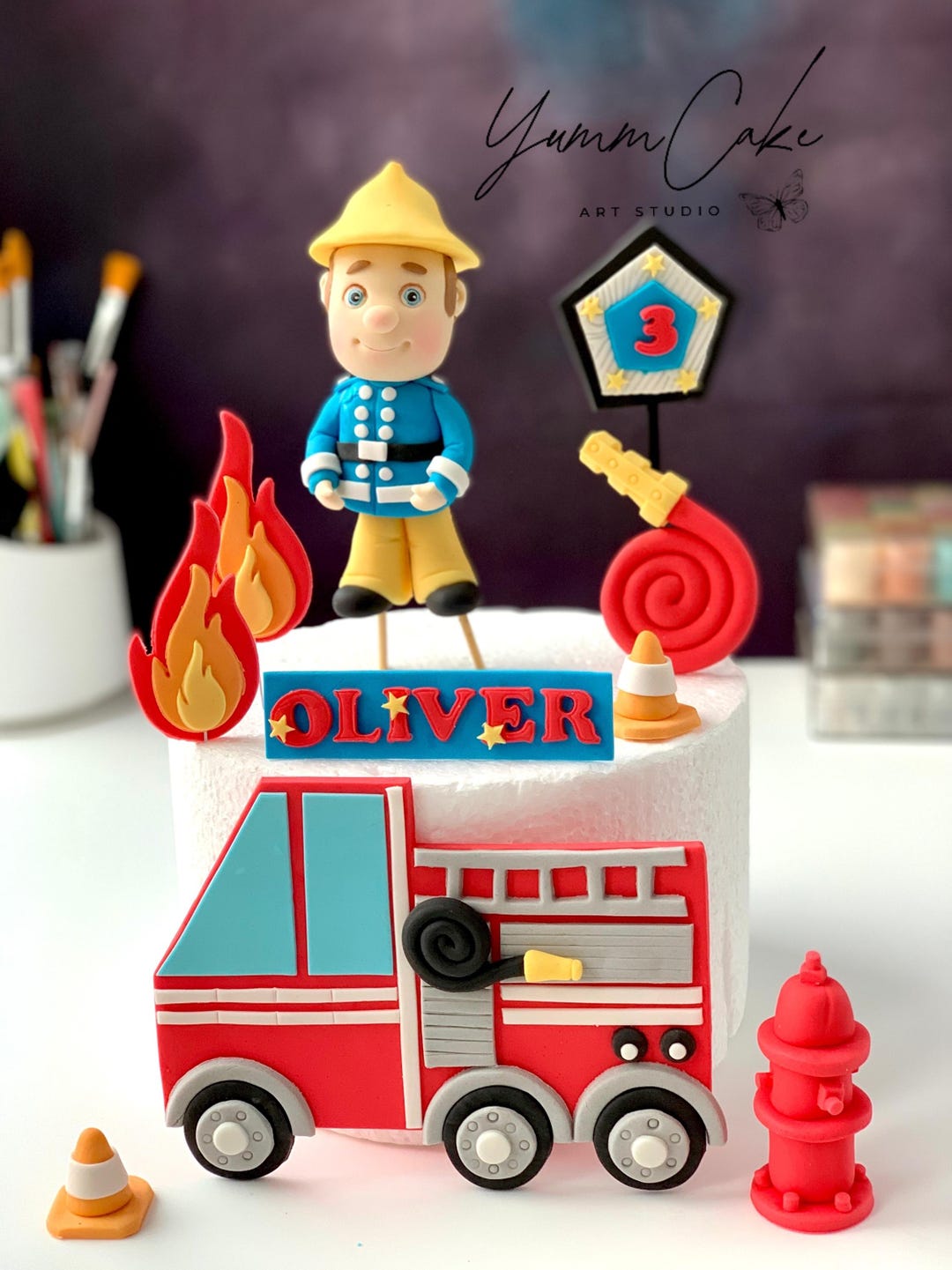 Firefighter Cake Topper Set – Edible Handmade Fondant Fireman With Fire ...