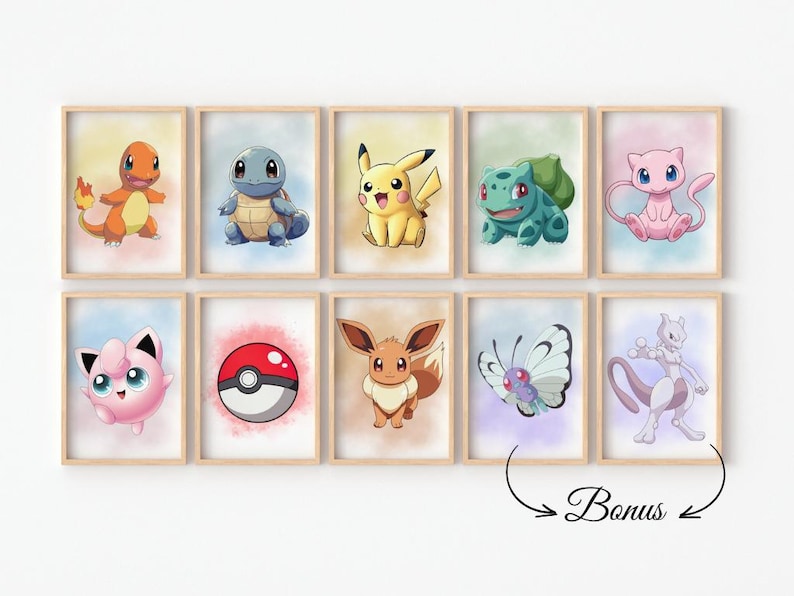 Set of 8 + 2 Bonus Pokemon Wall Art | Cute Monster Creature Nursery ...
