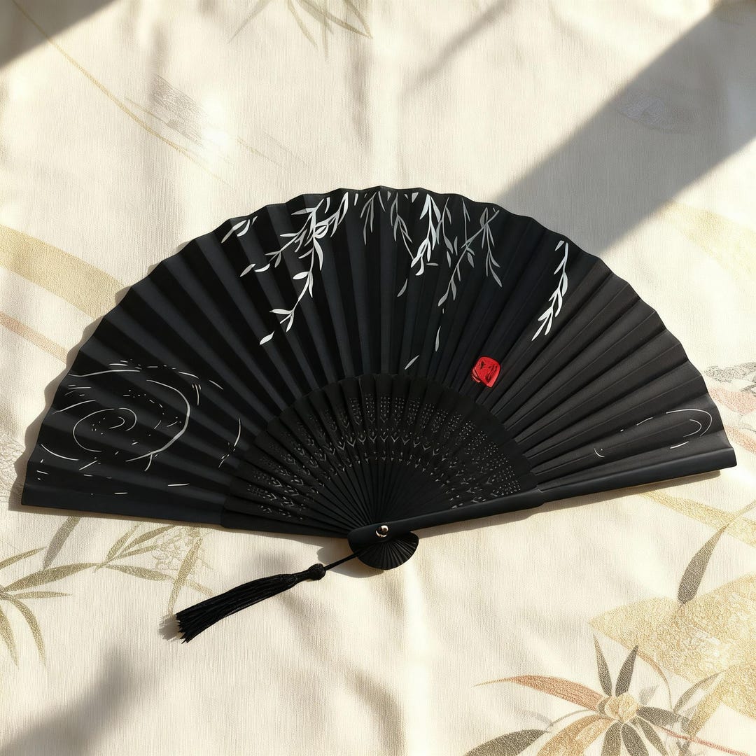 Dark Japanese Silk Folding Fan With Floral Design, Elegant Handmade ...