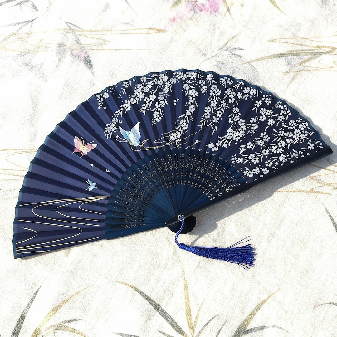 Blue & White Japanese Silk Folding Fan, Elegant Handmade Bamboo Hand ...