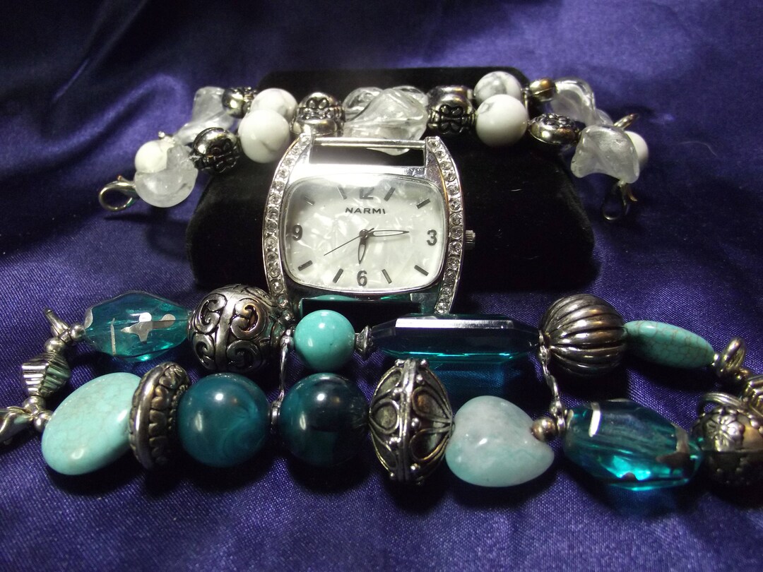 Narmi Woman's Watch With 2 Beaded Bands White & Turquoise B077-B077 - Etsy