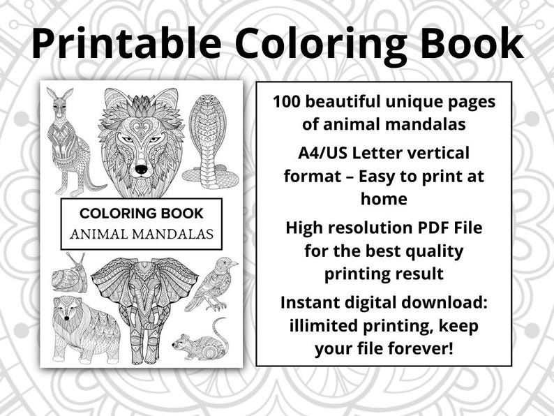 100 Pages Animal Mandalas Coloring Book for Relaxation (digital ...