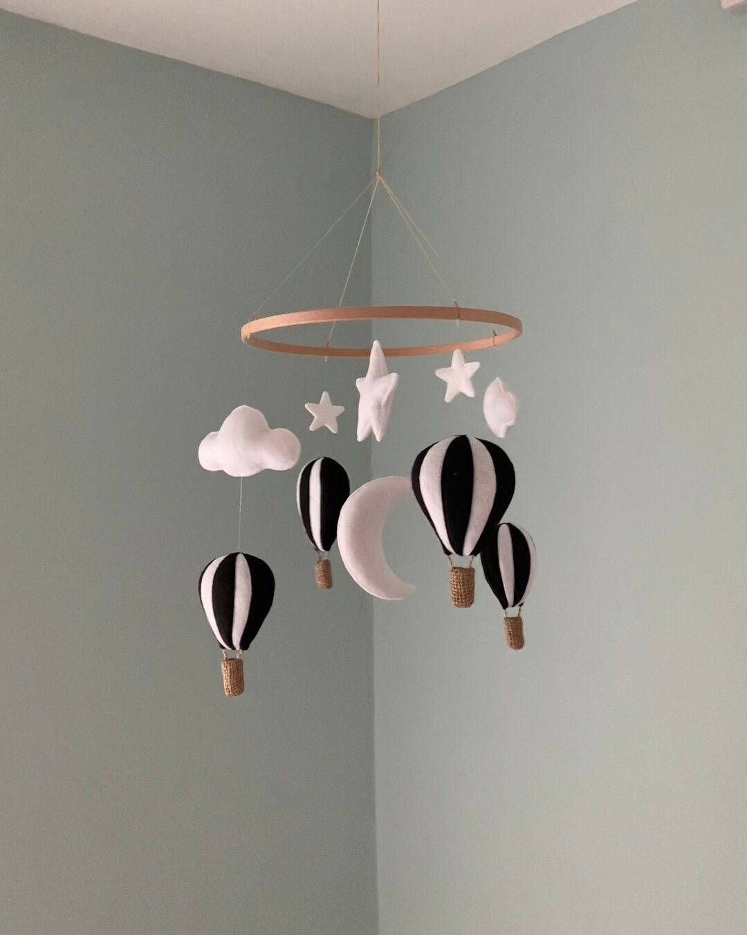 Hot Air Balloon Nursery Mobile Hanger Felt Clouds Moon Stars Black Blue ...