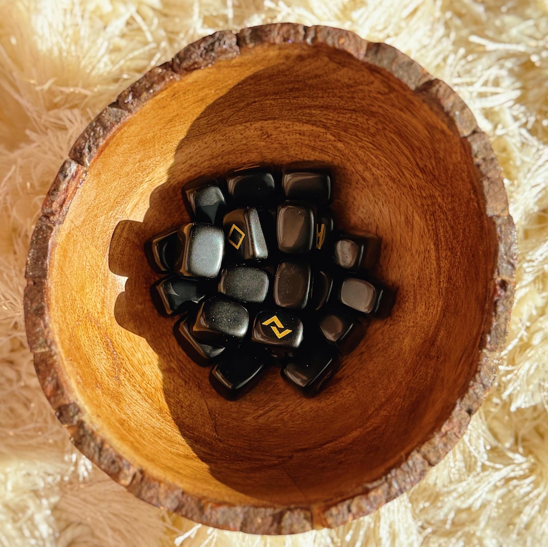 Obsidian Hand-carved 25 Piece Rune Set | Crystal Divination Runes for ...