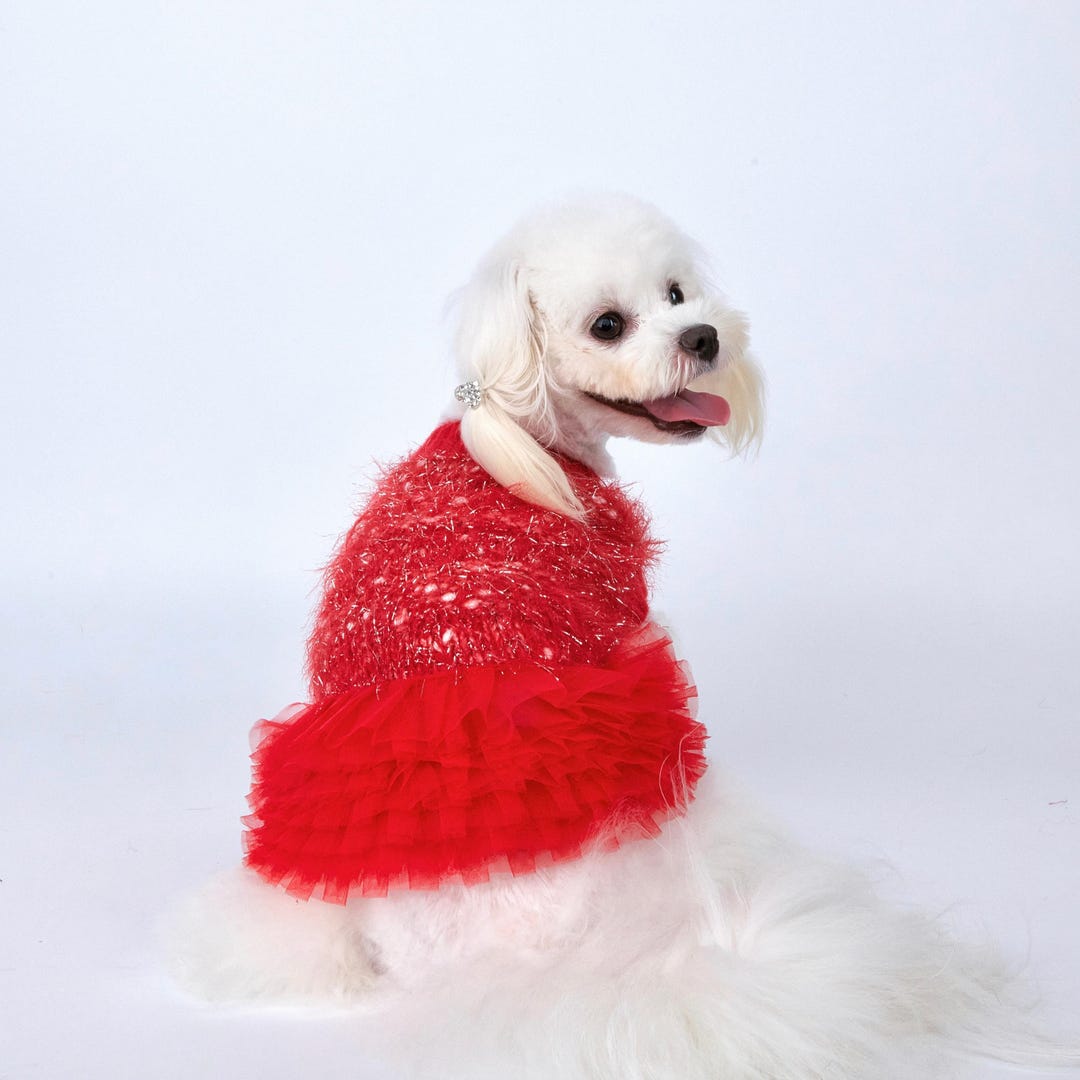 Red Princess Dog Dress | Fluffy Tulle Puppy Outfit | Sparkly Knit Pet ...