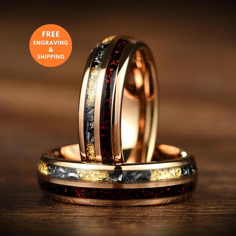 Meteorite & Black Fire Opal Ring Two Tone Dome Tungsten Carbide Gold ...