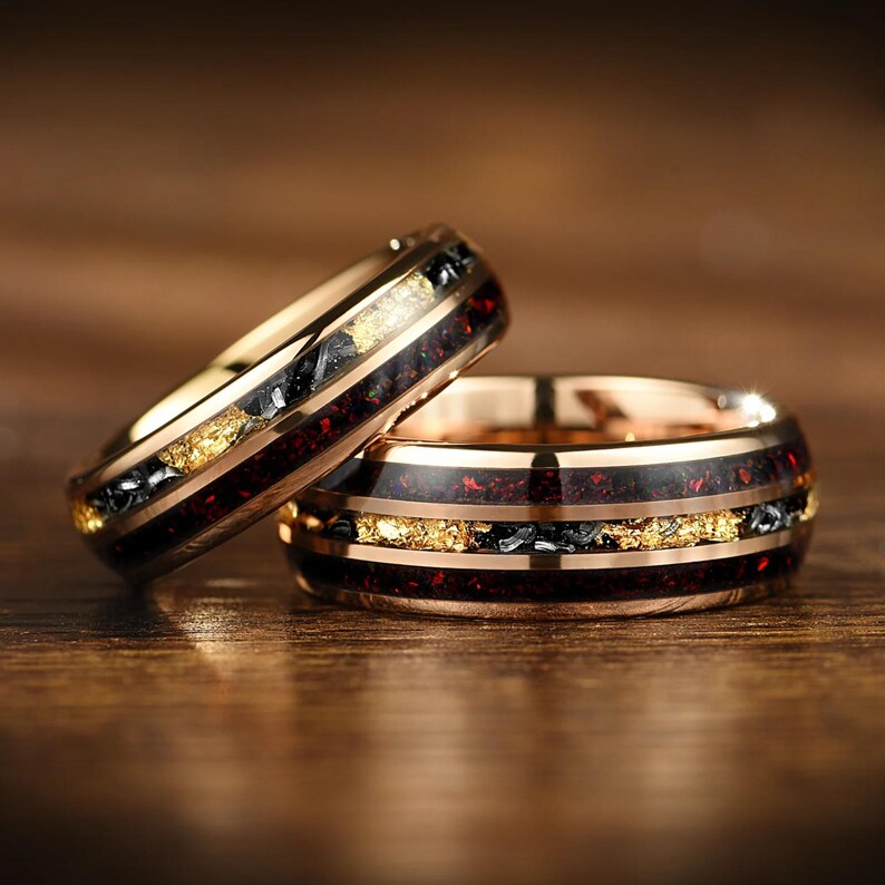 Meteorite & Black Fire Opal Ring Two Tone Dome Tungsten Carbide Gold ...