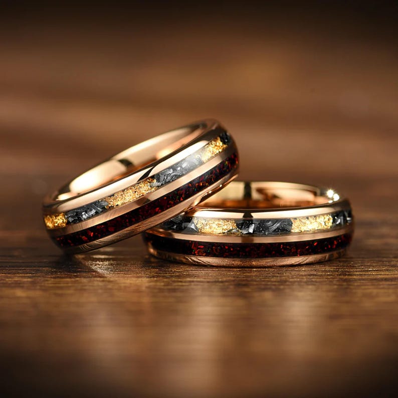 Meteorite & Black Fire Opal Ring Two Tone Dome Tungsten Carbide Gold ...