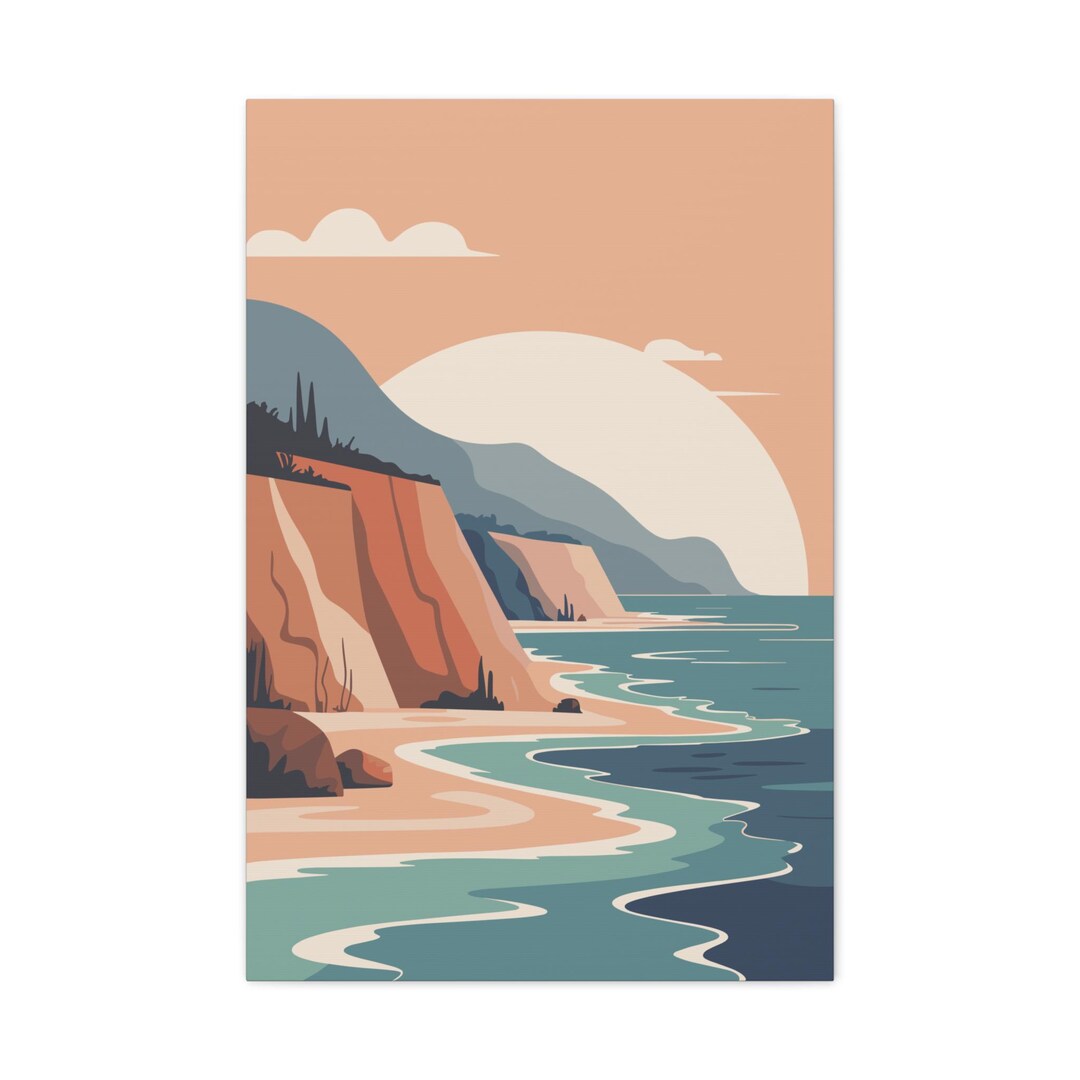 Coastal Cliff Seascape Wall Art - Minimalist Pastel Ocean Matte ...