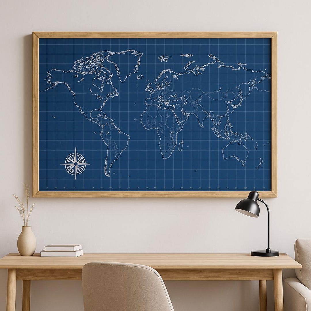 World Map Arcitectural – Modern Blueprint Digital Download for Home ...