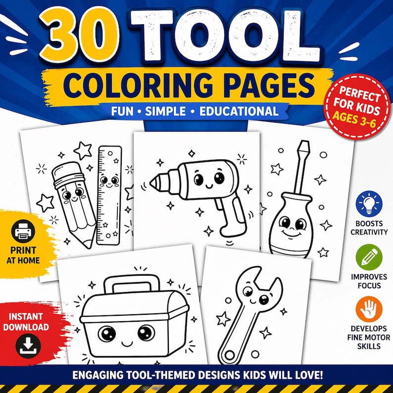 Tool Coloring Pages for Kids Ages 3–6, Printable Construction Activity ...