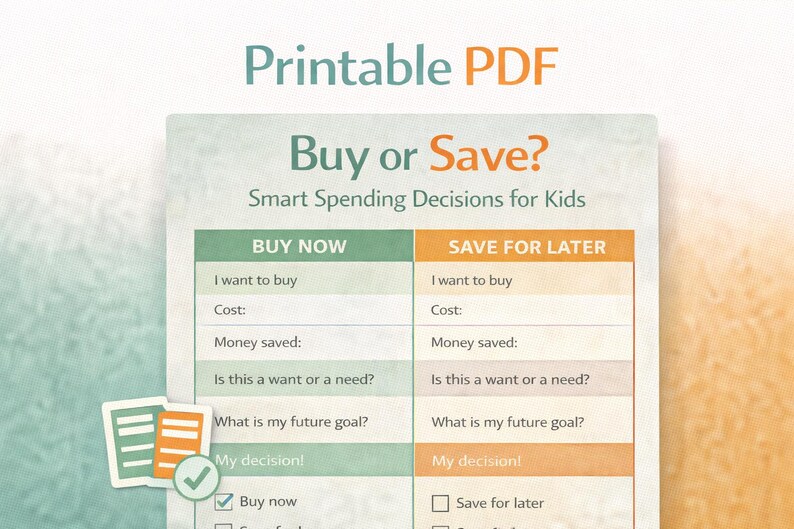 Kids Spending Decision Chart Printable | Buy or Save Worksheet | Smart ...