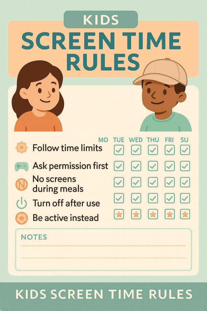 Kids Screen Time Rules Chart Printable Daily Limits Family Media Plan ...