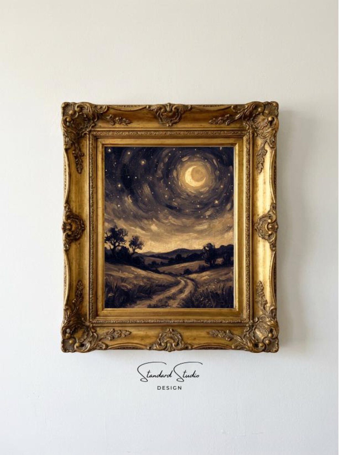 Vintage Starry Night Hillside Print Wall Art, Countryside Moonlight Art ...